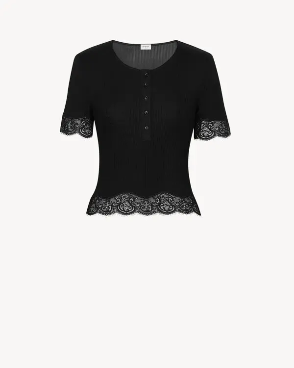 Saint Laurent Ribbed Silk Jersey T-shirt With Lace Trim