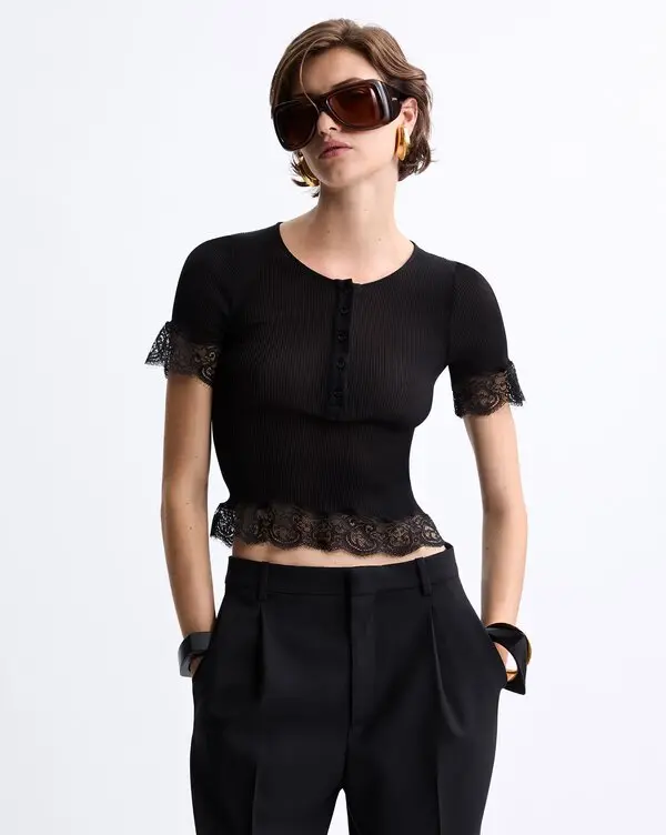 Saint Laurent Ribbed Silk Jersey T-shirt With Lace Trim