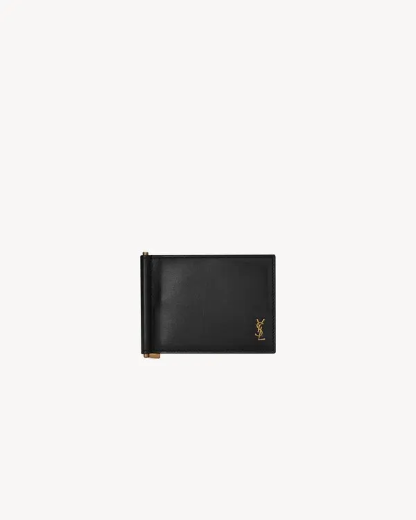 Saint Laurent Tiny Cassandre Bill Clip Wallet In Shiny Leather - Black