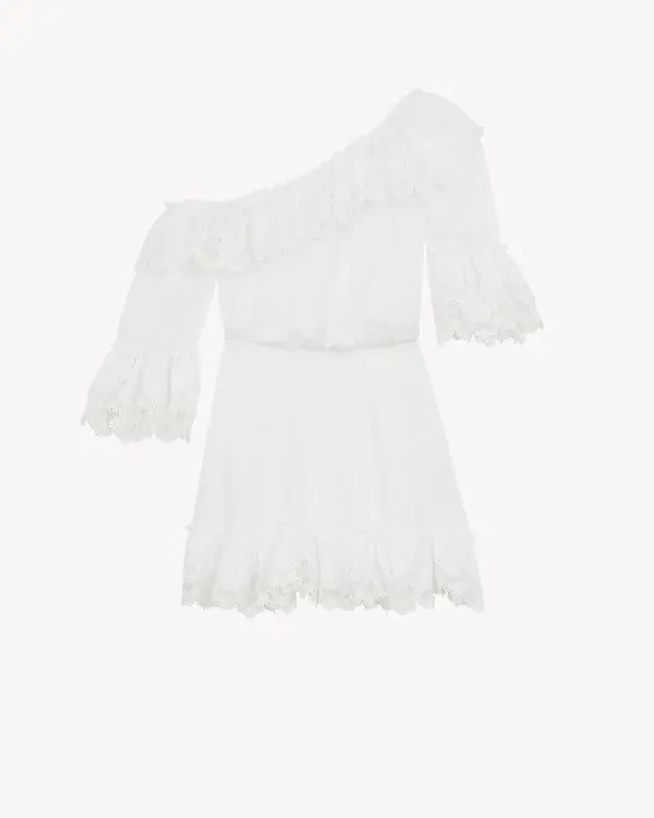 Saint Laurent Ruffled Dress In Cotton Poplin - Craie