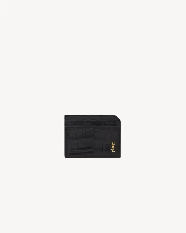 Saint Laurent Tiny Cassandre Open Card Case In Matte Crocodile-embossed Leather - Black