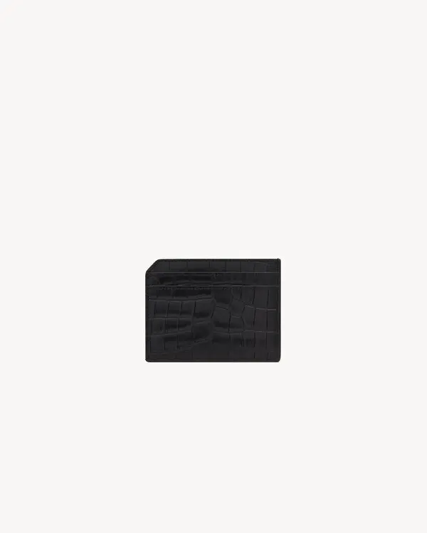 Saint Laurent Tiny Cassandre Open Card Case In Matte Crocodile-embossed Leather - Black