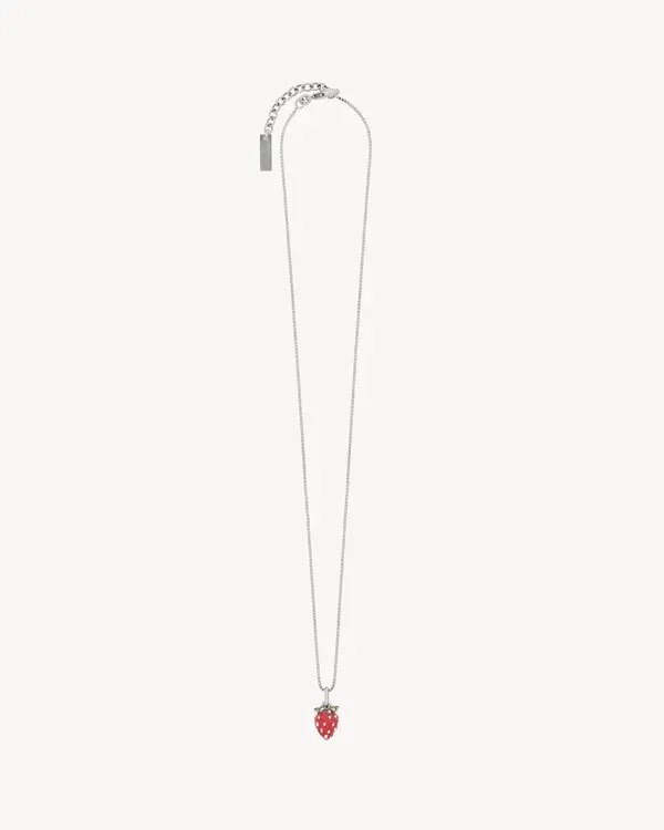 Saint Laurent Strawberry Enamel Pendant Necklace - Red, Green And Silver