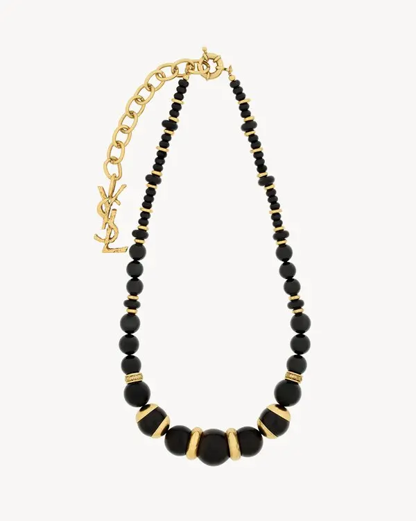Saint Laurent Loulou Wood And Resin Beaded Necklace - Brown, Black And Brass Gold