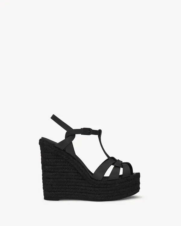 Saint Laurent Tribute Espadrilles Wedge In Smooth Leather - Black
