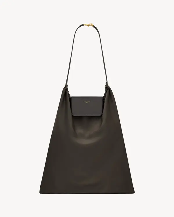 Saint Laurent Foulard Folding Pouch In Silk Satin And Leather - Chocolate And Black