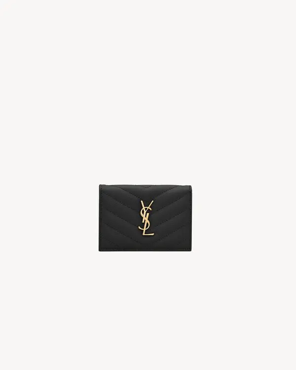 Saint Laurent Cassandre Matelassé Business Card Case In Grain De Poudre Leather - Black