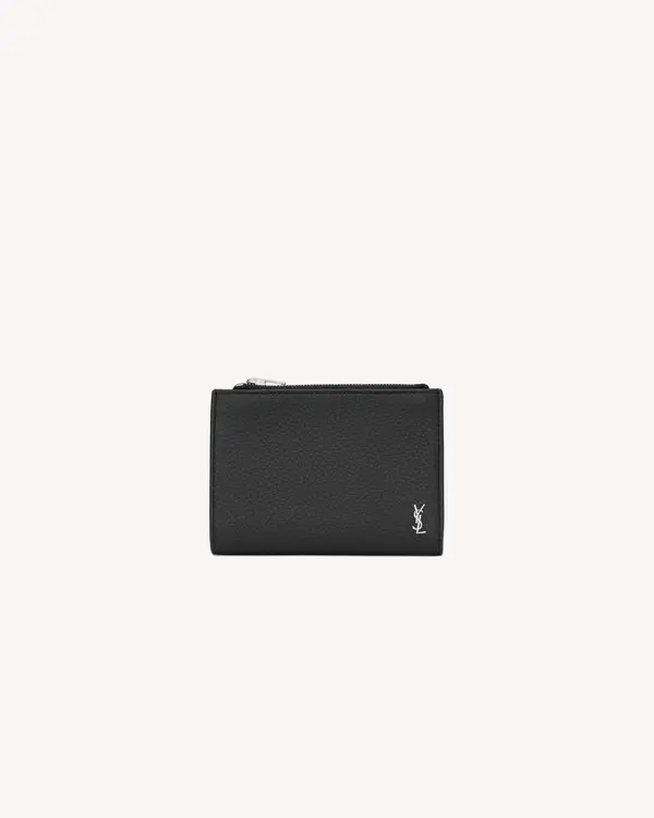 Saint Laurent Tiny Cassandre Bi-fold Wallet In Grained Leather - Black