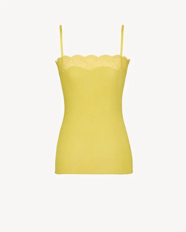 Saint Laurent Ribbed Silk Jersey Lace Trimmed Tank Top - Chartreuse
