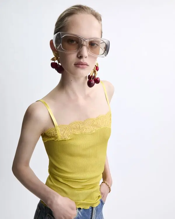 Saint Laurent Ribbed Silk Jersey Lace Trimmed Tank Top - Chartreuse
