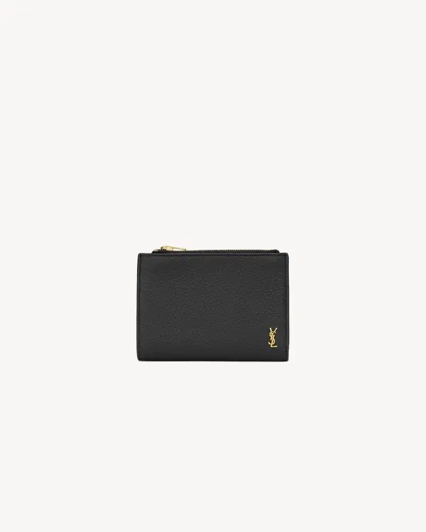 Saint Laurent Tiny Cassandre Bi-fold Wallet In Grained Leather - Black