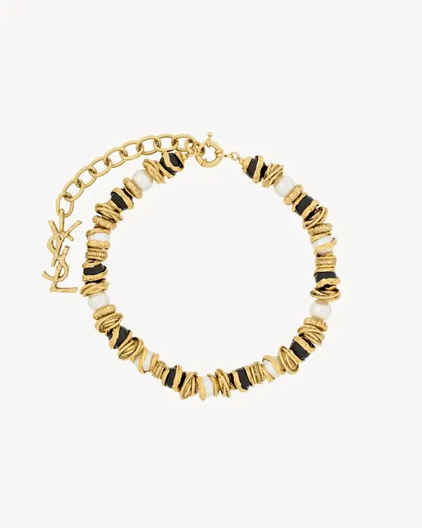 Saint Laurent Loulou Pearl And Disk Necklace - Cream, Black And Gold