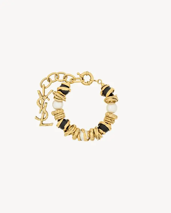 Saint Laurent Loulou Pearl And Disk Bracelet In Resin And Metal - Cream, Black, Brass Gold