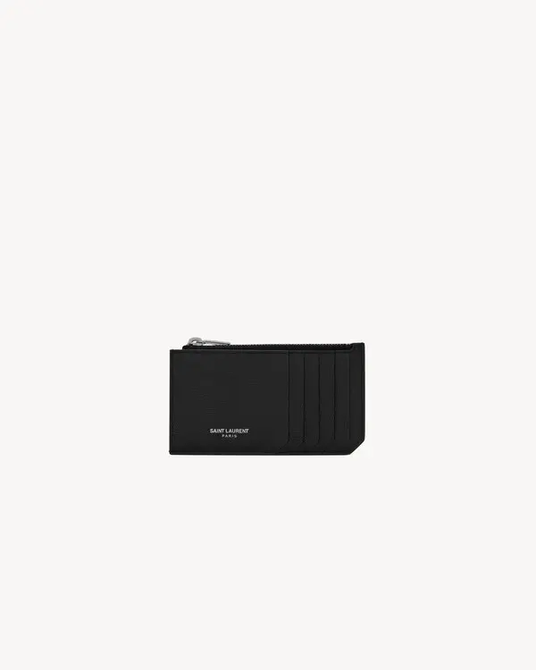 Saint Laurent Paris Fragments Zipped Card Case In Grain De Poudre Leather - Black