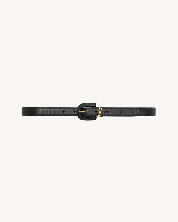 Saint Laurent Cassandre Thin Belt In Crocodile-embossed Leather - Black