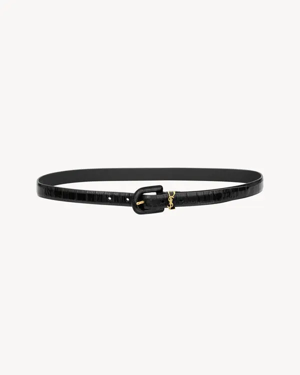 Saint Laurent Cassandre Thin Belt In Crocodile-embossed Leather
