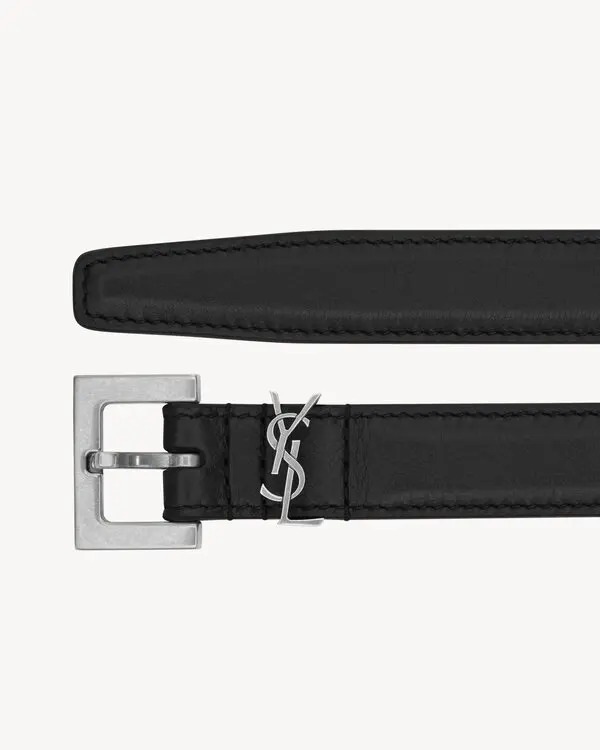 Saint Laurent Cassandre Thin Belt With Square Buckle In Lacquered Leather - Black