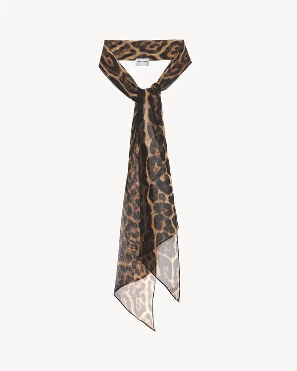 Saint Laurent Leopard-print Lavallière Scarf In Silk Muslin - Camel