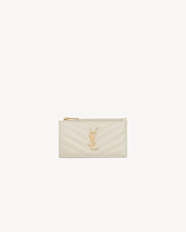 Saint Laurent Cassandre Matelassé Fragments Card Case In Grain De Poudre Leather - White
