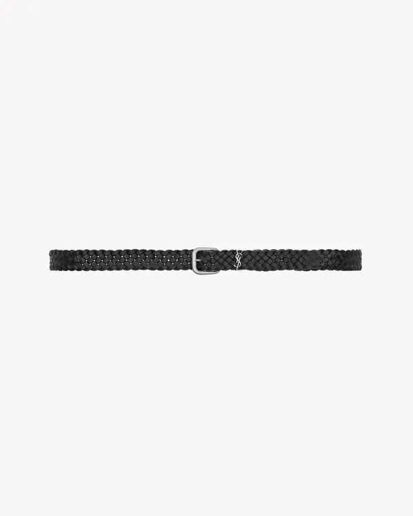 Saint Laurent Cassandre Rectangular Buckle Belt In Woven Leather - Black