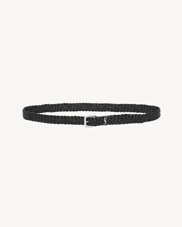 Saint Laurent Cassandre Rectangular Buckle Belt In Woven Leather