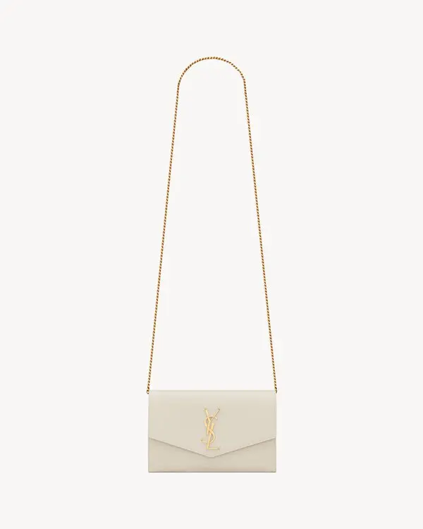 Saint Laurent Uptown Chain Wallet In Grain De Poudre Embossed Leather - White