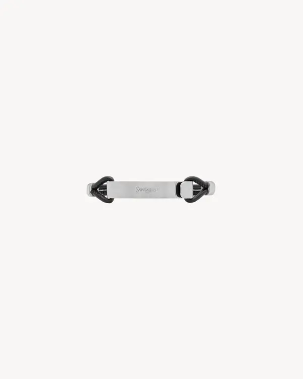 Saint Laurent Id Bracelet In Leather And Metal - Black And Oxidized Nickel