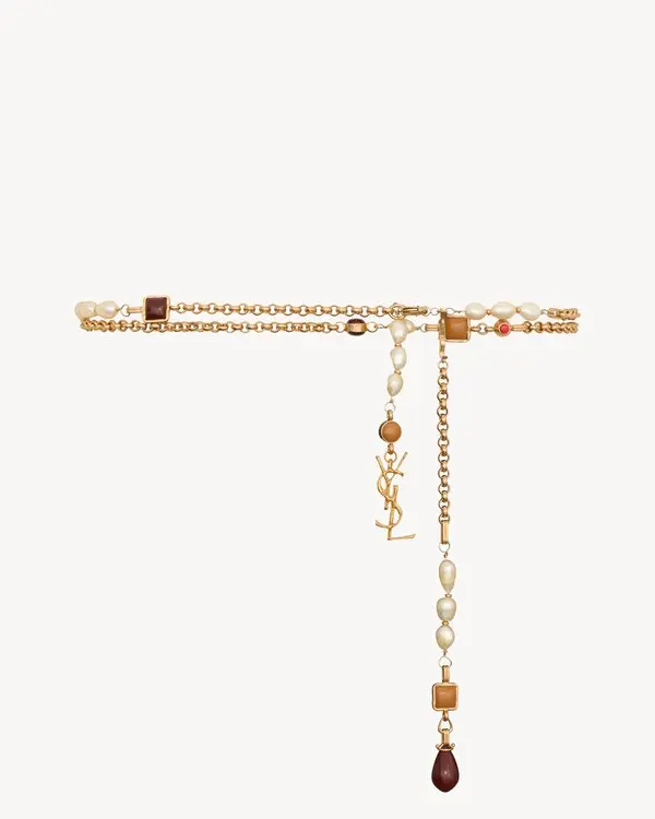 Saint Laurent Cassandre Pearl Chain Belt - Oro Vintage + Pearl + Red