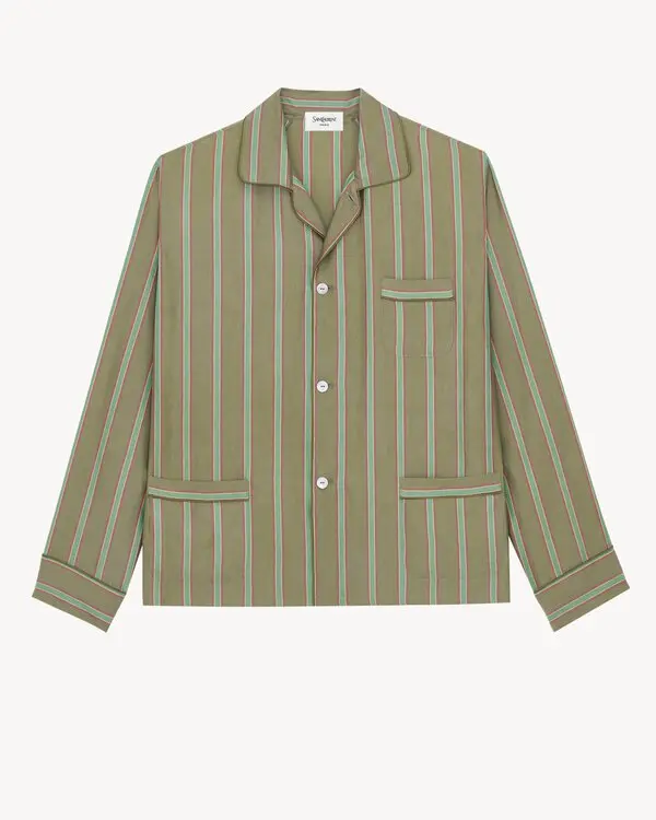 Saint Laurent Pajama Top In Striped Cupro Twill - Kaki/vert/rouge