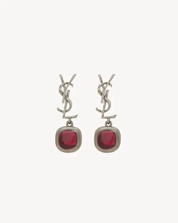 Saint Laurent Cassandre Cabochon Pendant Earrings - Red And Silver