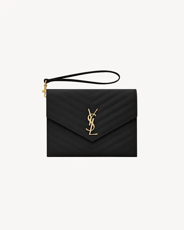 Saint Laurent Cassandre Matelassé Flap Pouch In Grain De Poudre Leather - Black