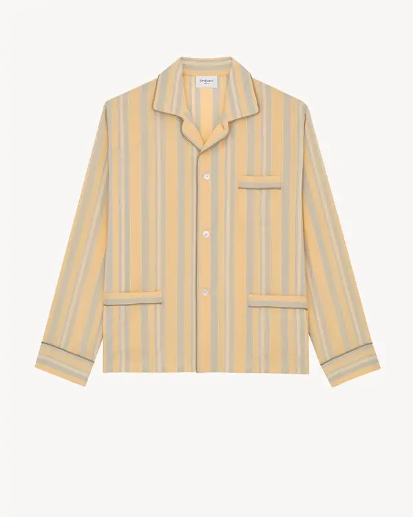 Saint Laurent Pajama Top In Striped Cotton And Silk - Jaune/taupe