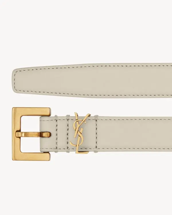 Saint Laurent Cassandre Thin Belt In Smooth Leather - White