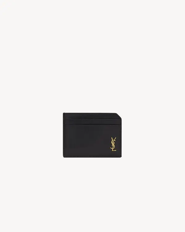 Saint Laurent Tiny Cassandre Open Card Case In Shiny Leather - Black
