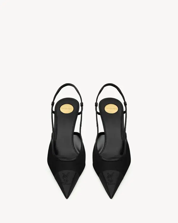Saint Laurent Renée Slingback Pumps In Mesh With Stiletto Heel And Cap Toe - Black