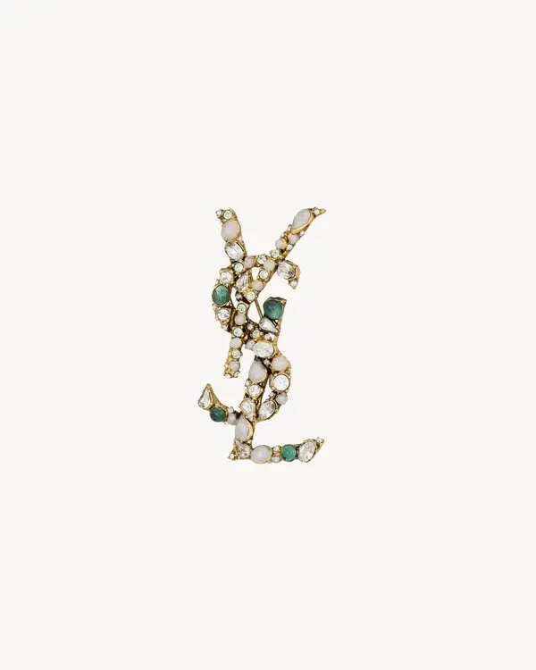 Saint Laurent Cassandre Crystal Brooch - Cream, Green, Crystal And Gold