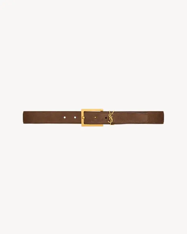 Saint Laurent Cassandre Belt In Suede - Brown Coffee