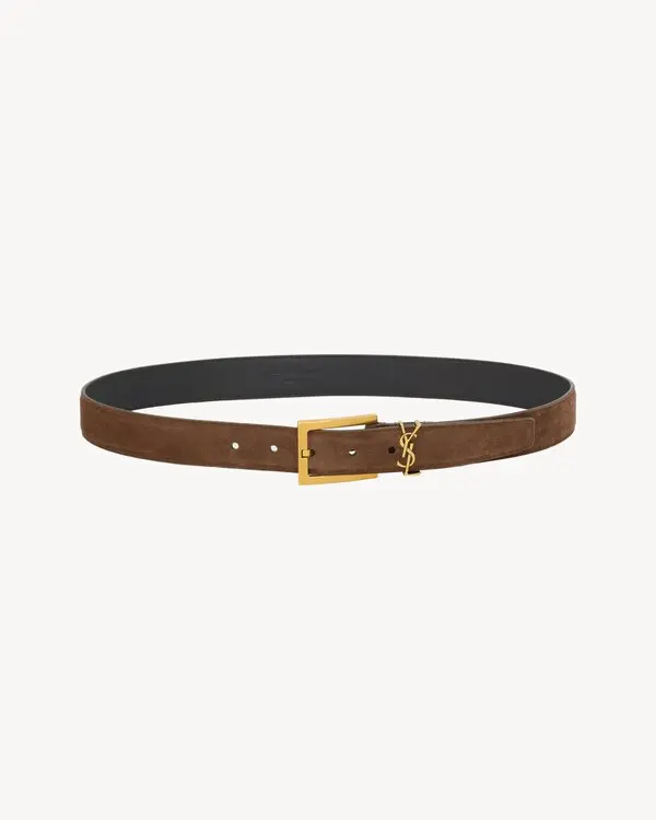 Saint Laurent Cassandre Belt In Suede - Brown Coffee