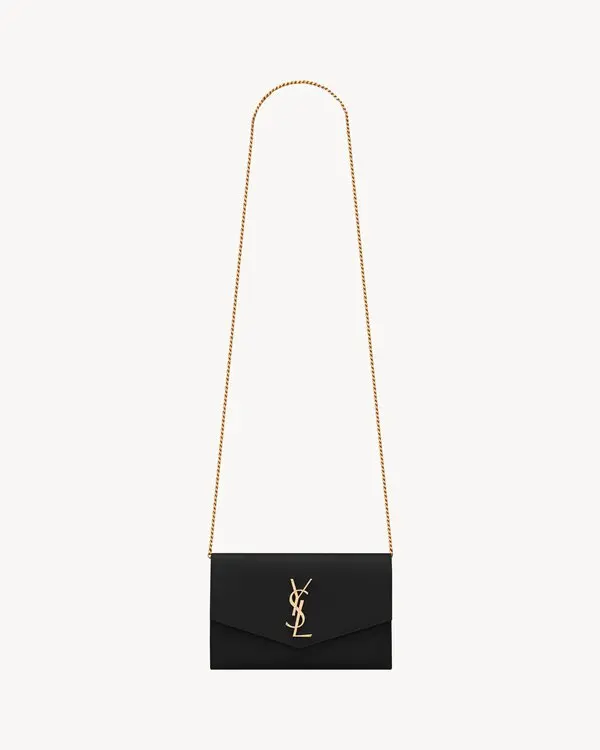 Saint Laurent Uptown Chain Wallet In Grain De Poudre Embossed Leather - Black