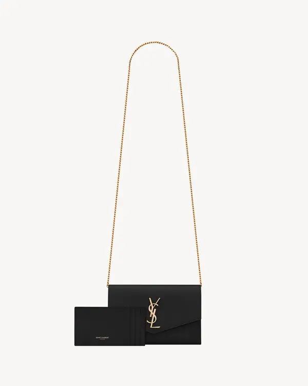 Saint Laurent Uptown Chain Wallet In Grain De Poudre Embossed Leather - Black