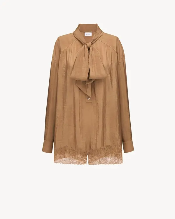 Saint Laurent Lavallière Romper In Taffeta With Lace Trim - Caramel
