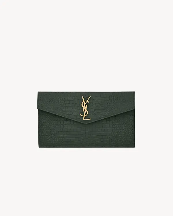 Saint Laurent Ptown Pouch In Crocodile-embossed Shiny Leather - Mint