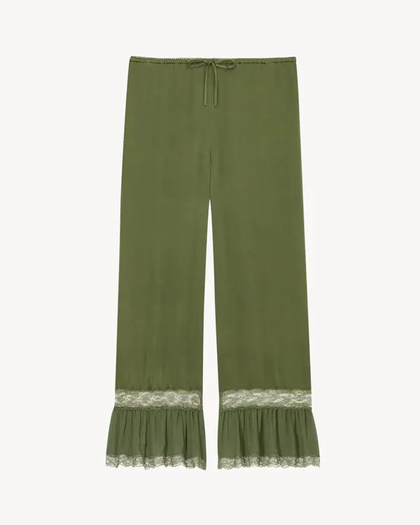 Saint Laurent Silk Satin Lace-cuff Pants - Kaki