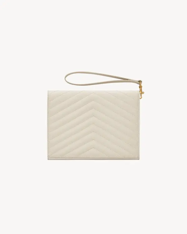 Saint Laurent Cassandre Matelassé Flap Pouch In Grain De Poudre Leather - White