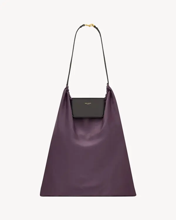 Saint Laurent Foulard Folding Pouch In Silk Satin And Leather - Black