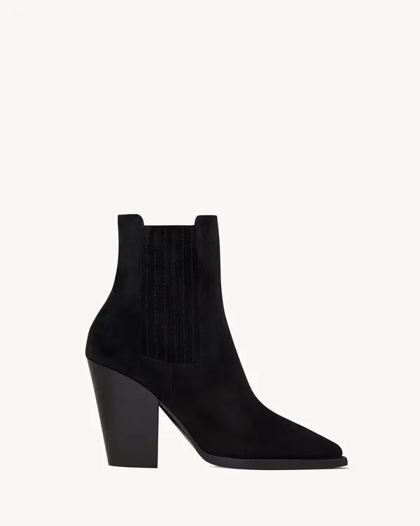 Saint Laurent Suede Chelsea Booties With Pointed Toe And Stacked Heel - Black