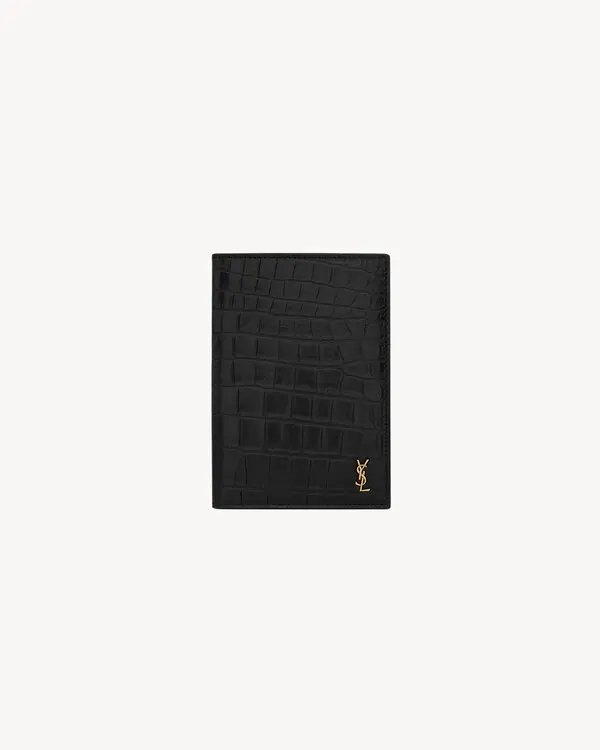 Saint Laurent Tiny Cassandre Passport Case In Crocodile-embossed Leather - Black