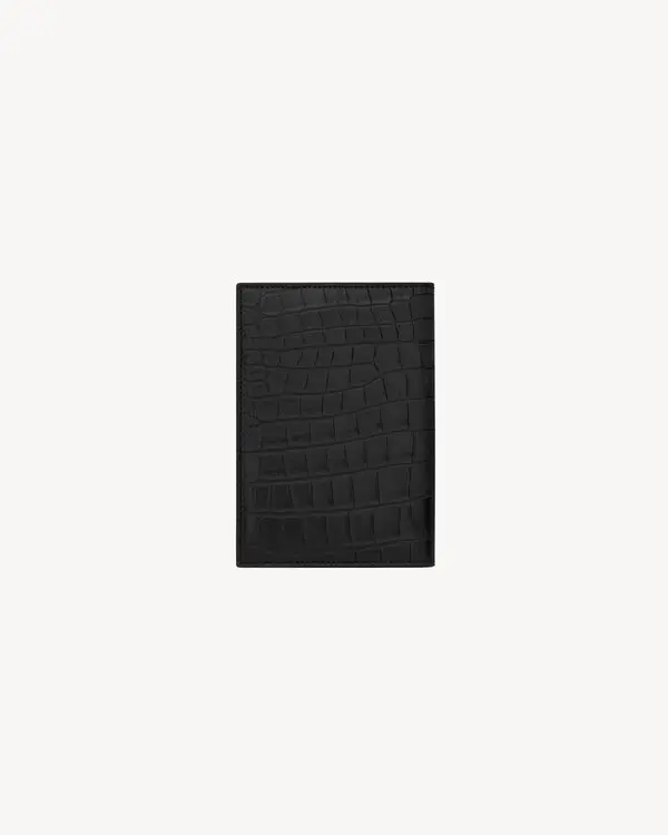 Saint Laurent Tiny Cassandre Passport Case In Crocodile-embossed Leather