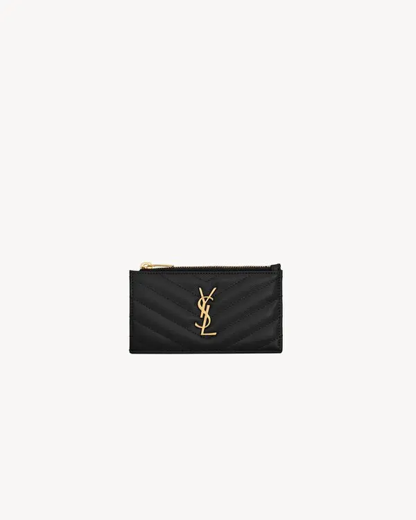Saint Laurent Cassandre Matelassé Fragments Card Case In Grain De Poudre Leather - Black