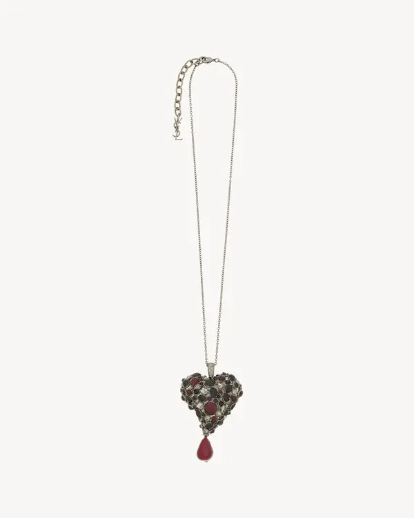 Saint Laurent Resin And Metal Crystal Heart Pendant Necklace - Black, Red And Crystal